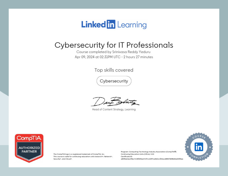 CertificateOfCompletion - Cybersecurity For IT Professionals | PDF