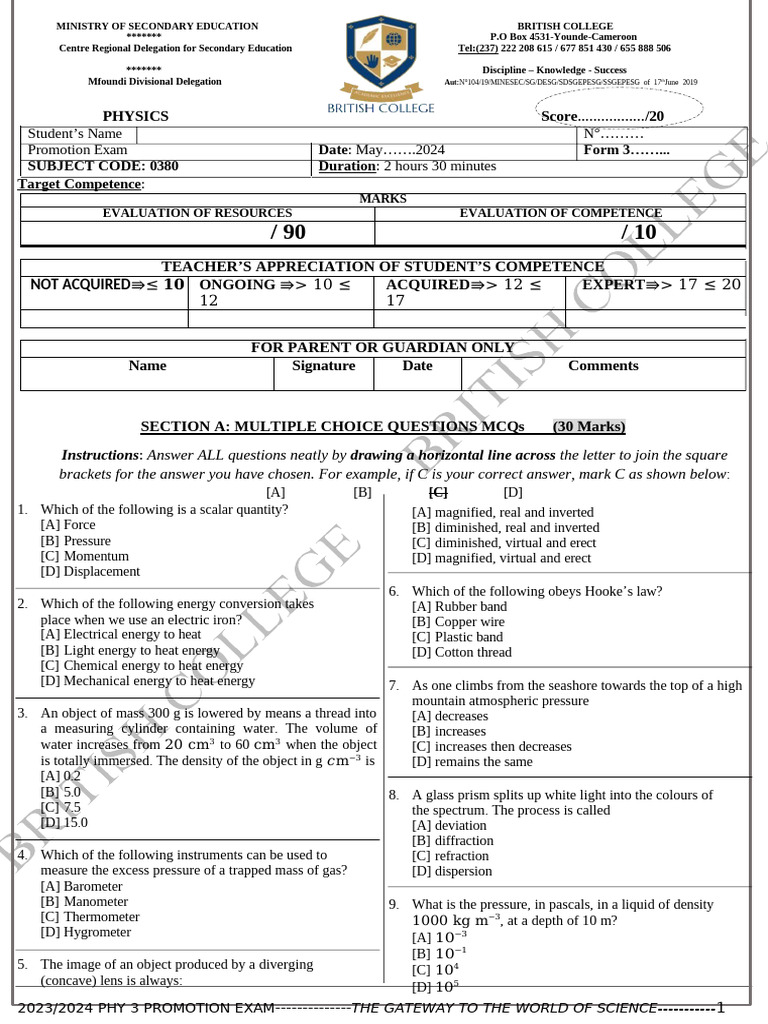 BC Phy 3 Promotion Exam | PDF | Refraction | Pressure