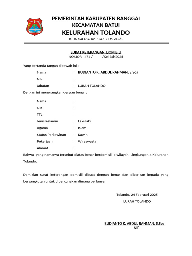 Surat Keterangan Domisili Tolando | PDF