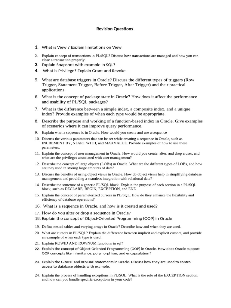 Practice Questions For Revision | PDF | Pl/Sql | Database Index