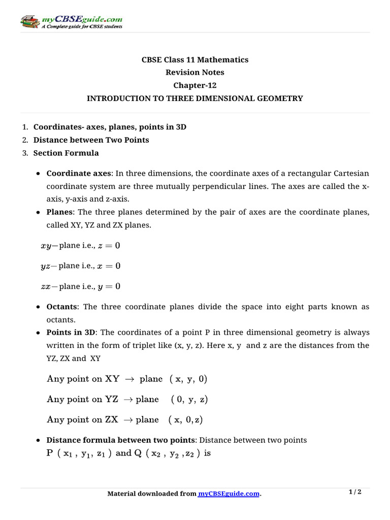 3D Geometry Introduction for Class 11 | PDF