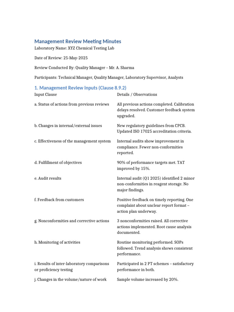 Management Review Meeting Minutes XYZ Lab | PDF | Audit | Laboratories