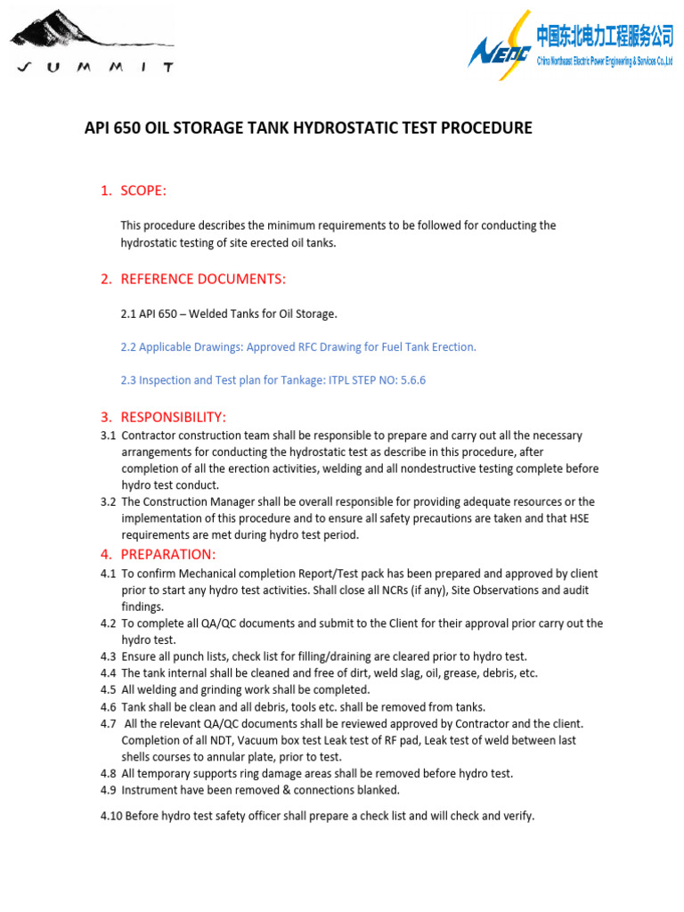 Oil Storage Tank Hydrotest Procedure Under API - 650 Standard | PDF ...