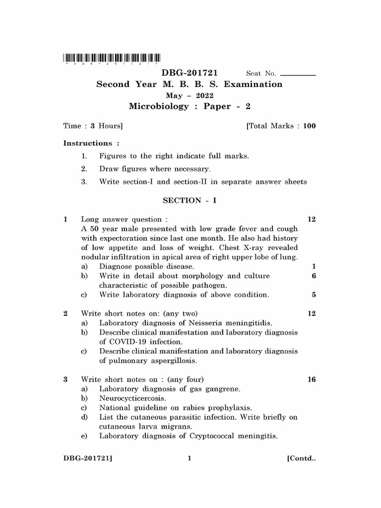 Second Year M B B S Examination May - 2022 Microbiology Paper 2 | PDF