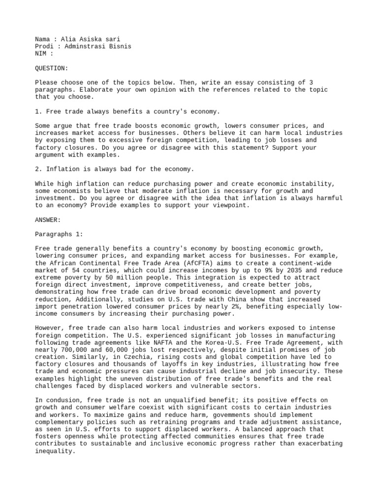 Tugas 2 B.inggris Niaga-Alia Asiska Sari | PDF | Inflation | Free Trade