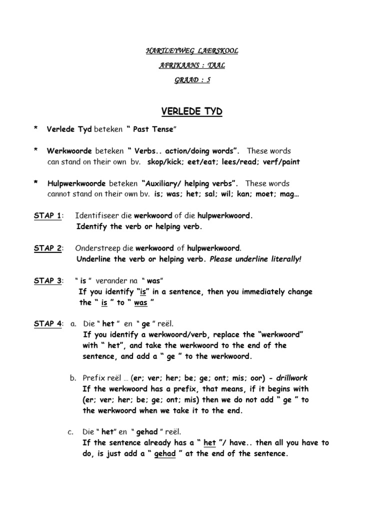 Verlede Tyd Graad 5 Lockdown 13 April | PDF