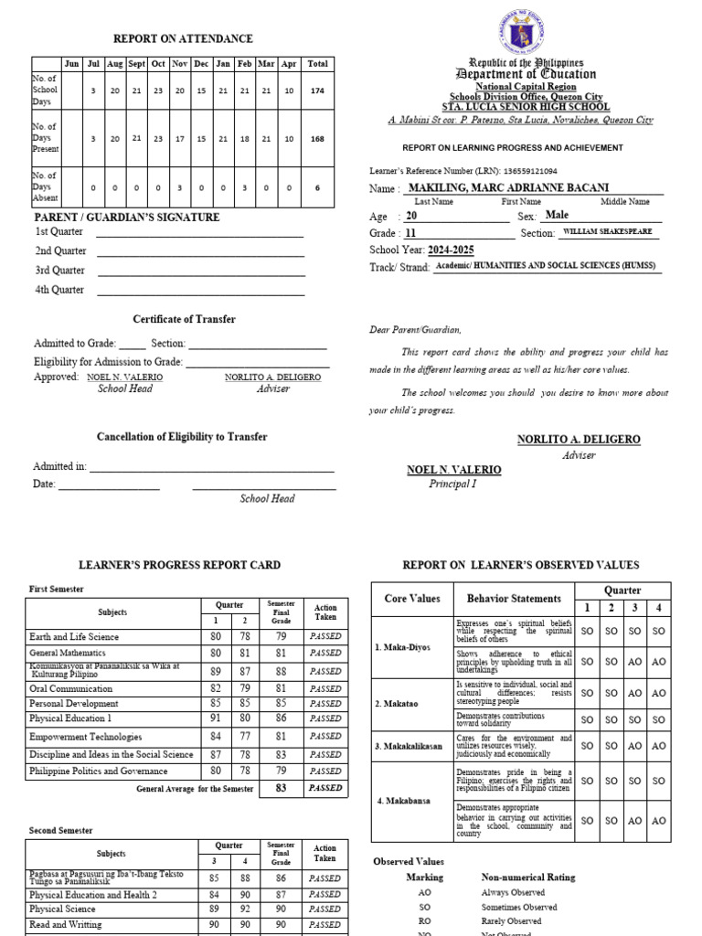 SF9 - SHS ( (Learner's Progress Report Card) MAKILING | PDF