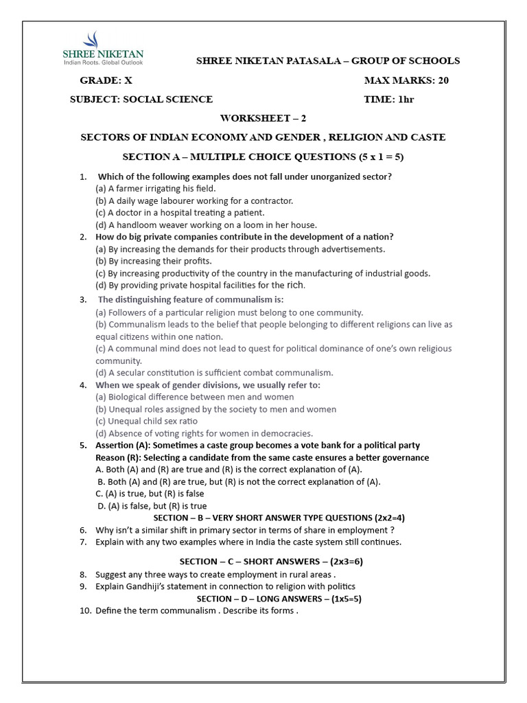 Holiday Worksheet Grade 10 Social Science | PDF | Employment | Caste