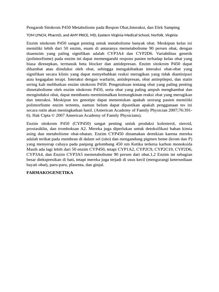 Pengaruh Sitokrom P450 Metabolisme Pada Respon Obat | PDF