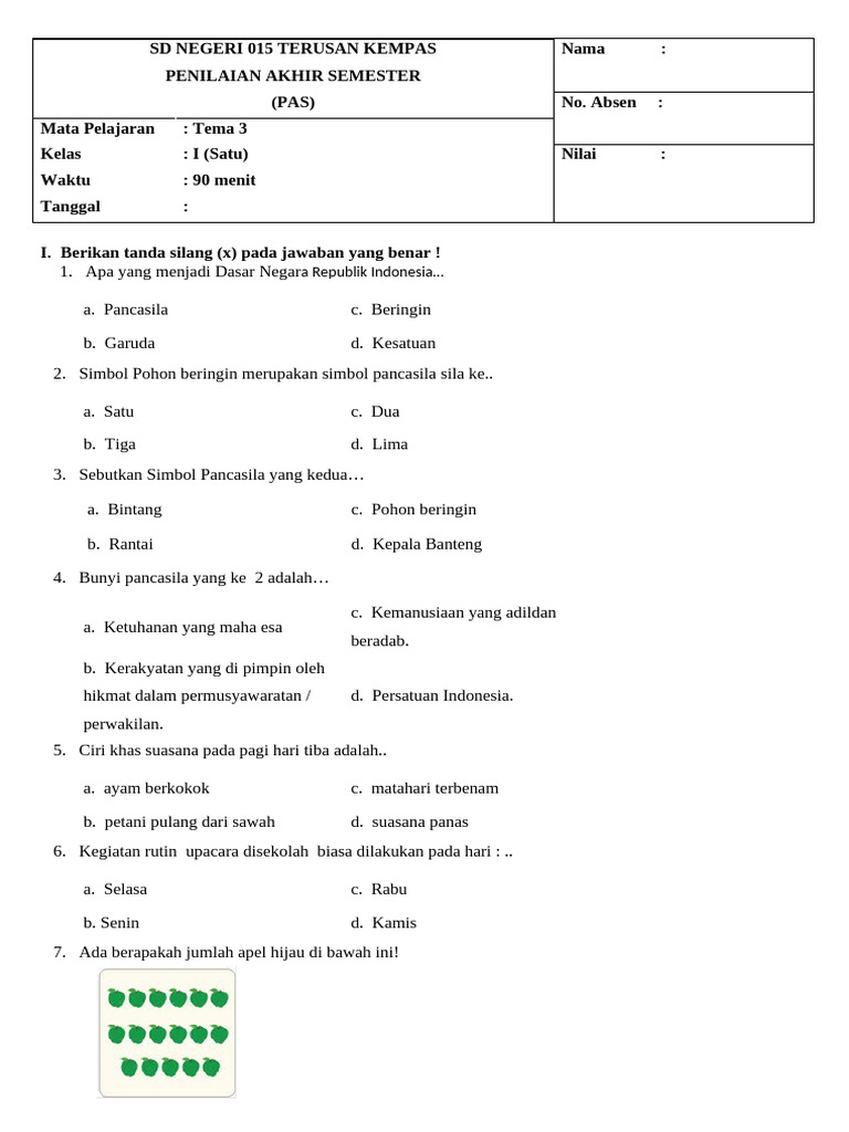 Soal Pas Kelas 1 Tema 3 | PDF