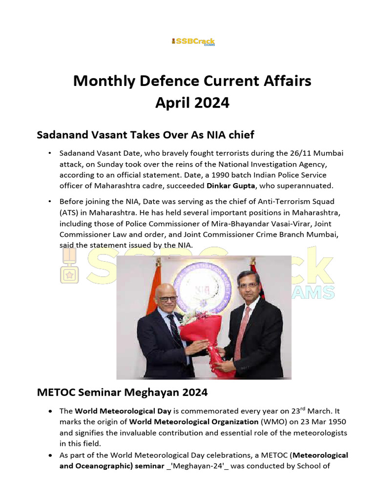 April 2024 Monthly Defence Current Affairs | PDF
