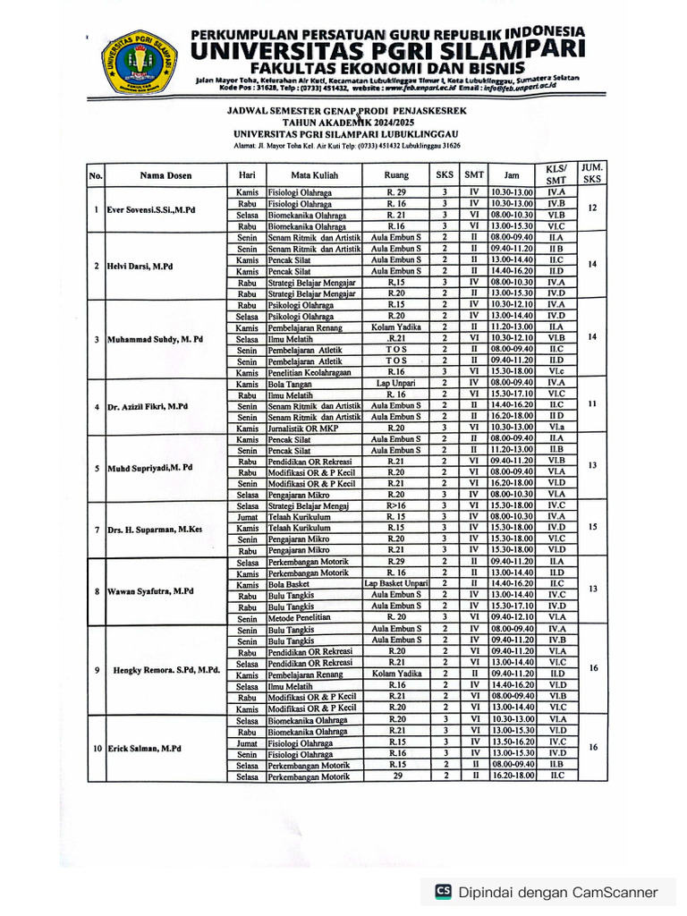 Jadwal Semester Genap Prodi PJKR | PDF