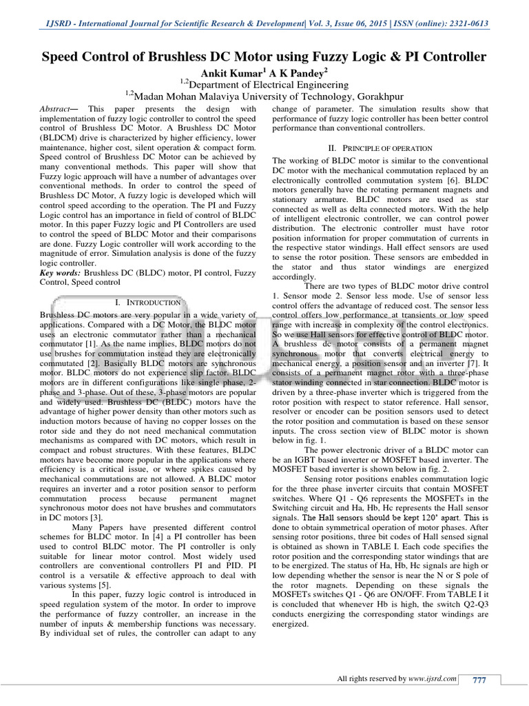 Speed Control of Brushless DC Motor Using Fuzzy Logic Pi Controller Compress | PDF | Electric ...