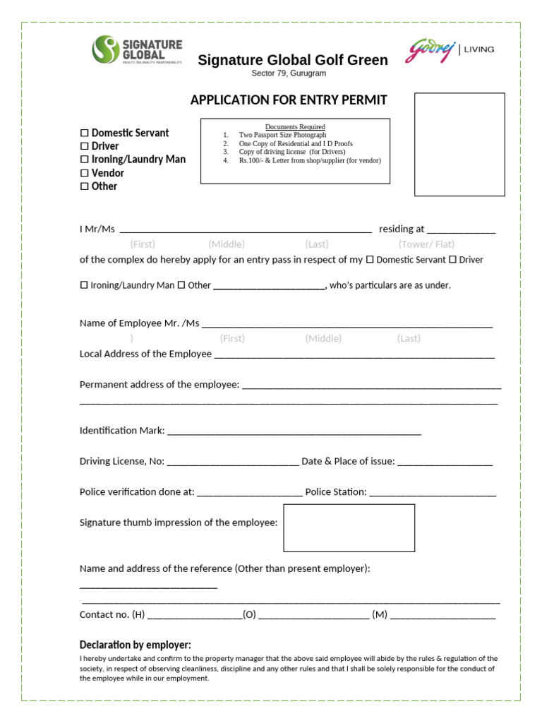 Entry Permit Application for Employees | PDF | Identity Document