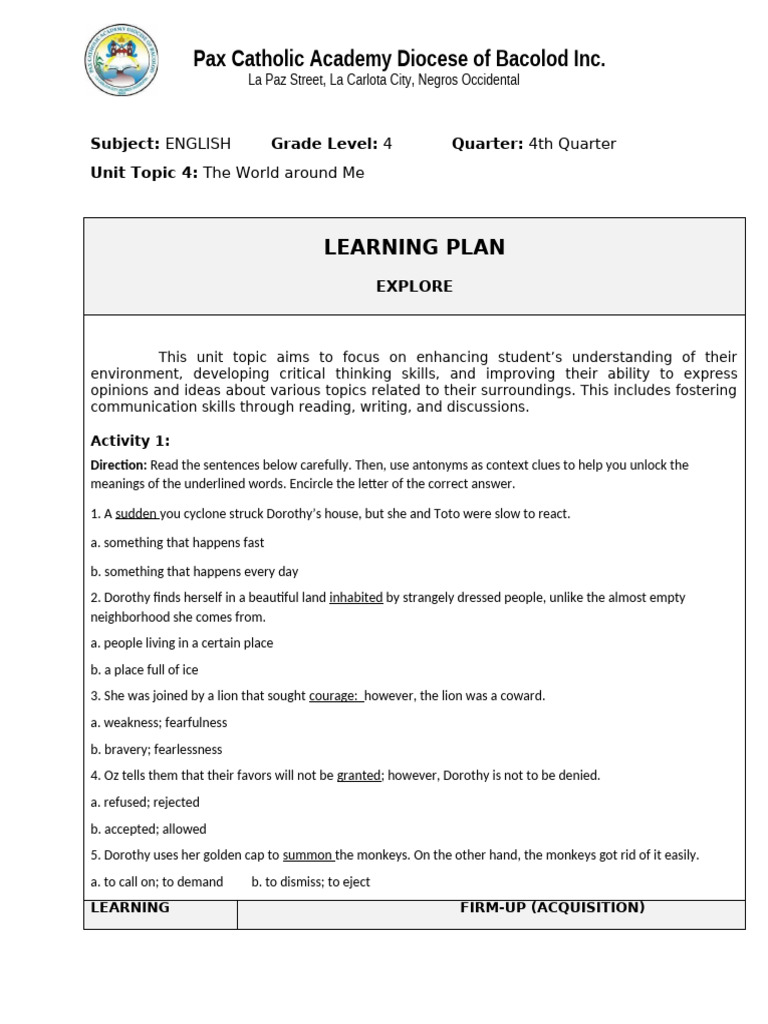 Grade 4 English Learning Plan: Environment | PDF | Dorothy Gale ...