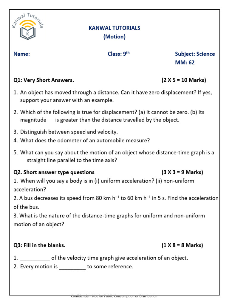 Class 9 Science Motion Exam Questions | PDF | Speed | Acceleration