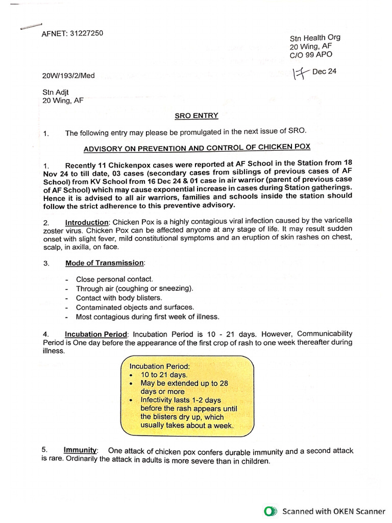 Advisory On Prevention and Control of Chicken Pox | PDF