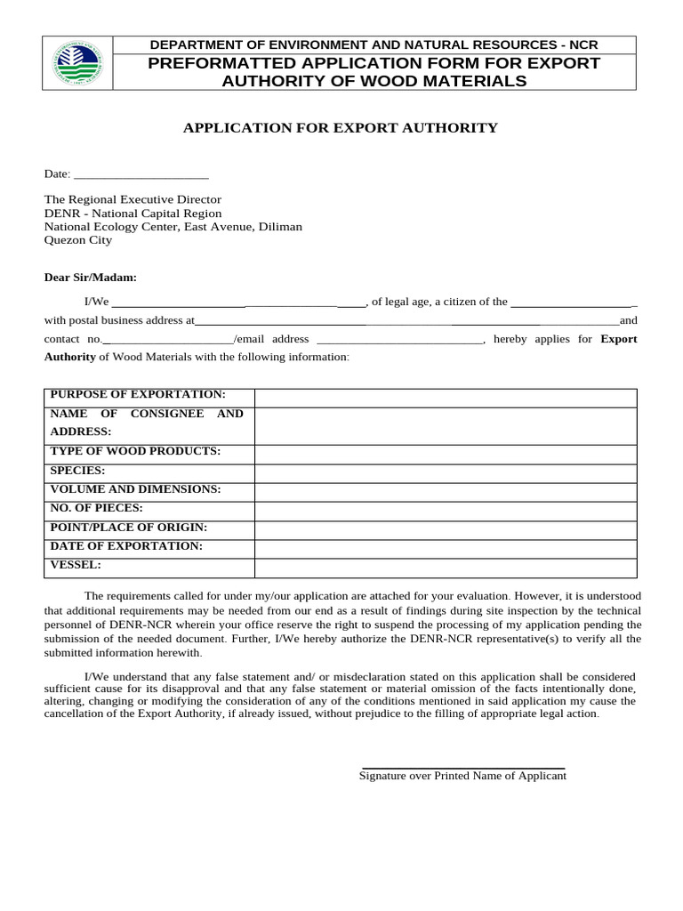 Application Form Exportation of Wood Materials - 1 | PDF
