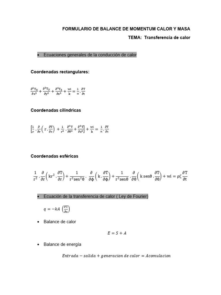 Formulario de Transferencia de Calor | PDF | Conduccion termica | Fenómenos científicos