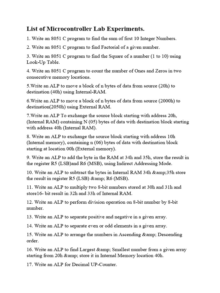 List of Microcontroller Lab Experiments | PDF