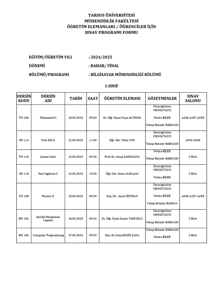 BM 2024-2025 Bahar Final Programı | PDF