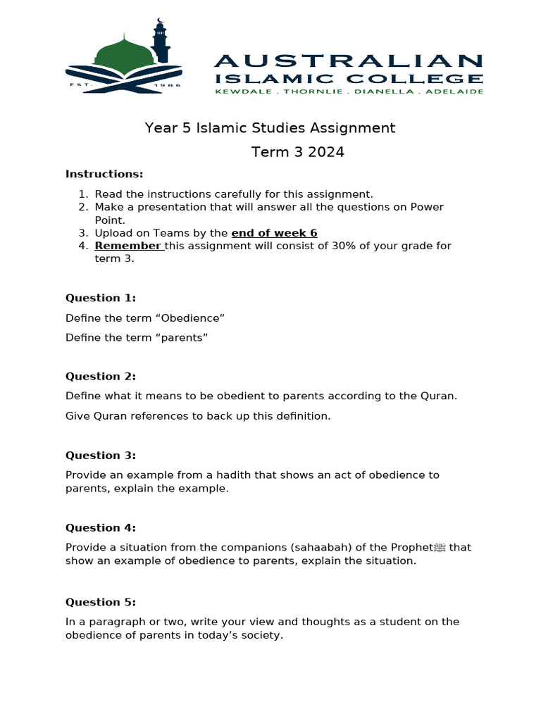 Year 5 Islamic Studies Assignment Term 3 2024 | PDF