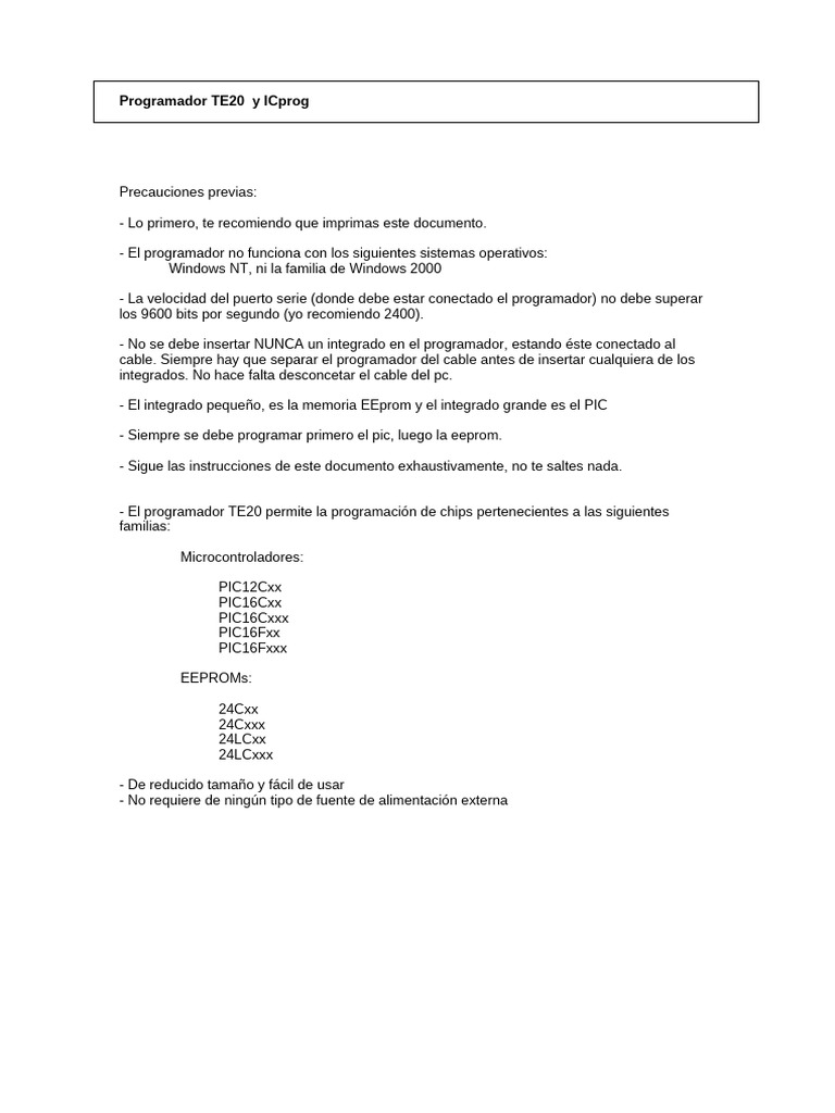 Guia para Usar El Programador TE20 e ICprog | PDF | Archivo de ...