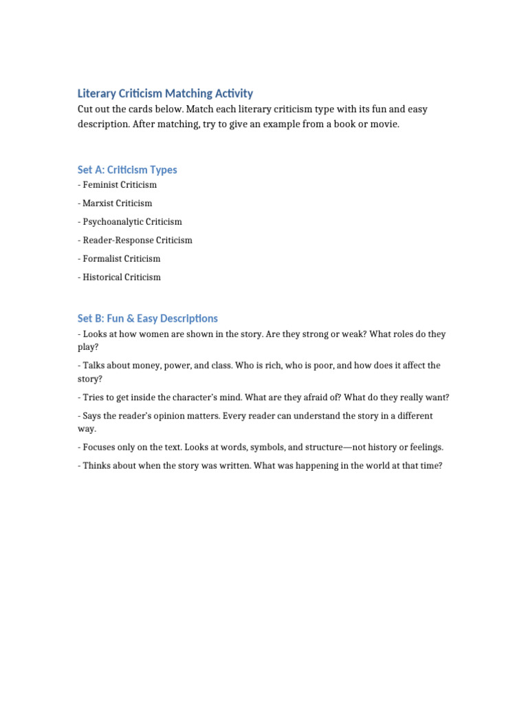 Literary Criticism Matching Activity | PDF