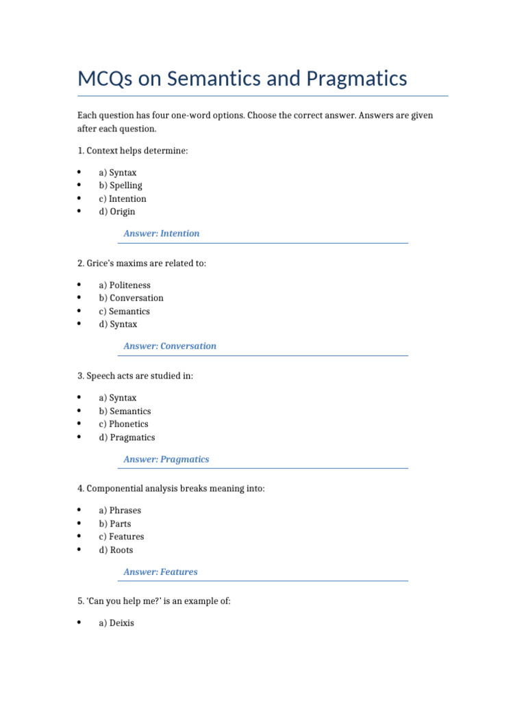 Semantics and Pragmatics MCQs | PDF | Semantics | Word