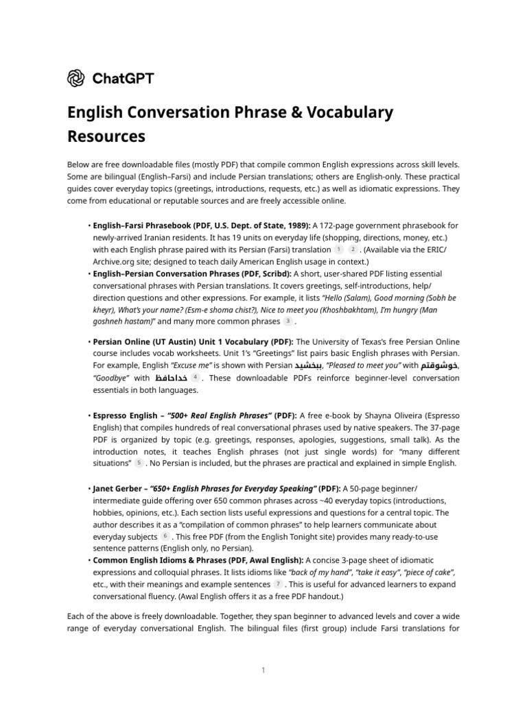 English Conversation Phrase & Vocabulary Resources | PDF | English ...