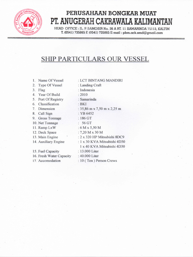 Ship Particular Lct. Bintang M | PDF