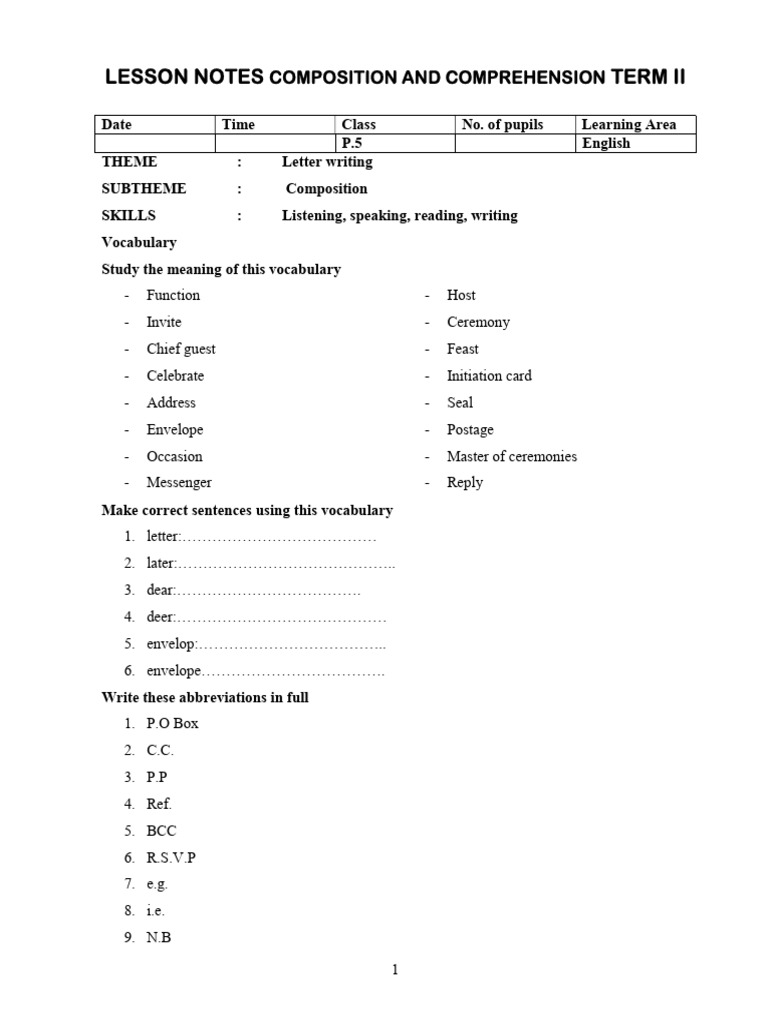 P.5 Composition and Comprehension Lesson Notes Term 2 2025 by Kalulu ...