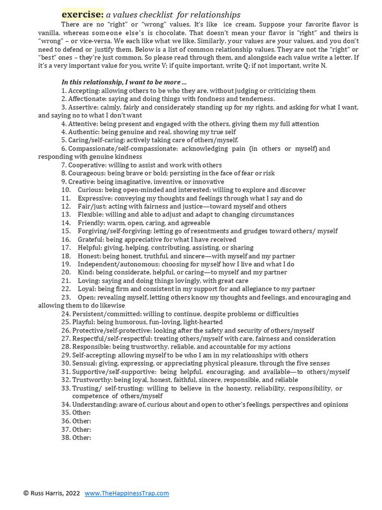 Values Checklist For Other Relationships- Russ Harris, 2022 (1) | PDF ...