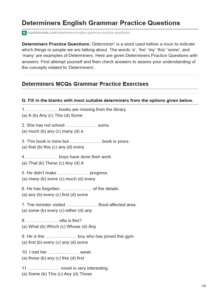 Determiners English Grammar Practice Questions | PDF | English Grammar ...