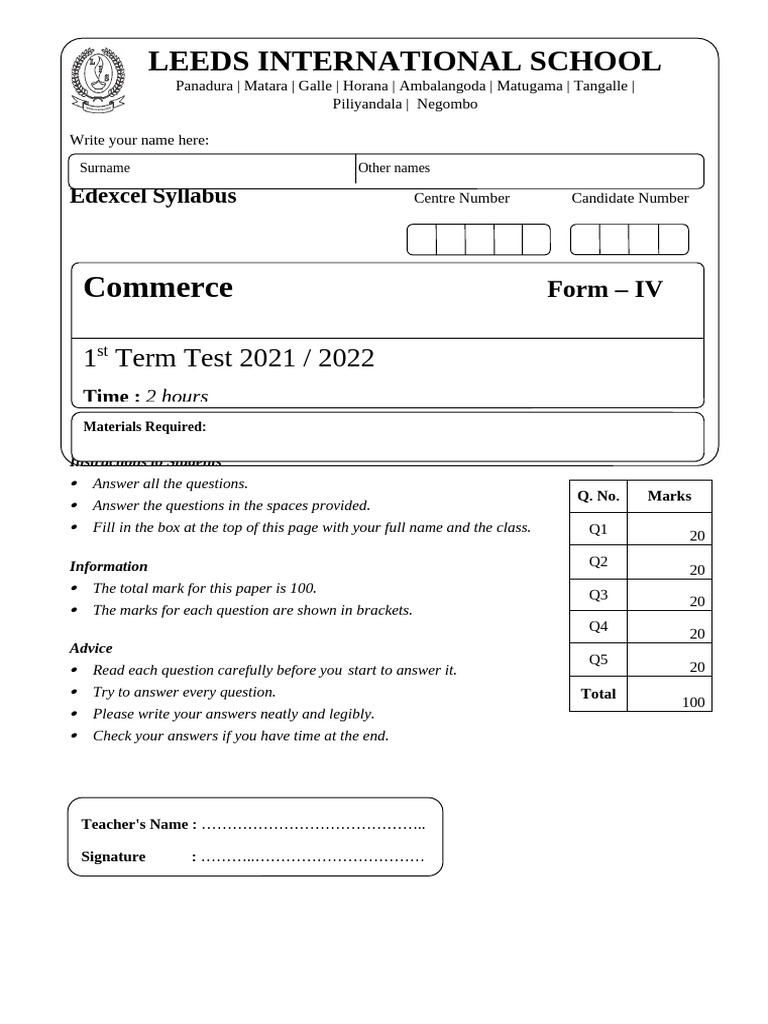 Form IV 1st Term Test Commerce | PDF | Taxes | Economies