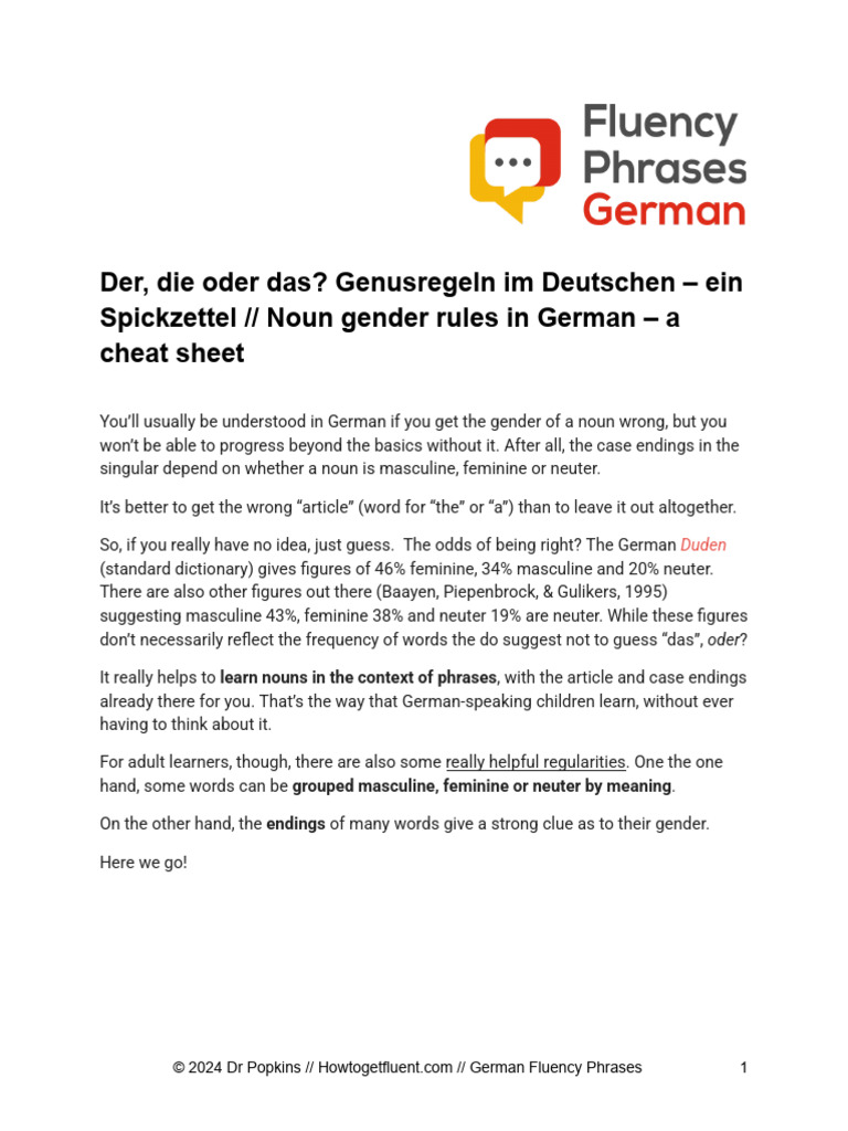 Noun Gender Cheat Sheet | PDF | Grammatical Gender | Semantic Units