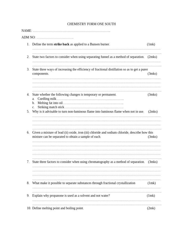 Chemistry Form One South | PDF | Chemical Elements | Materials