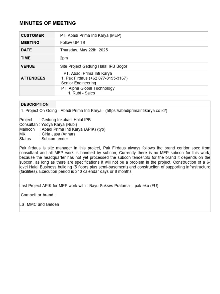 MoM PT Abadi Prima Inti Karya (APIK) - Maincon | PDF