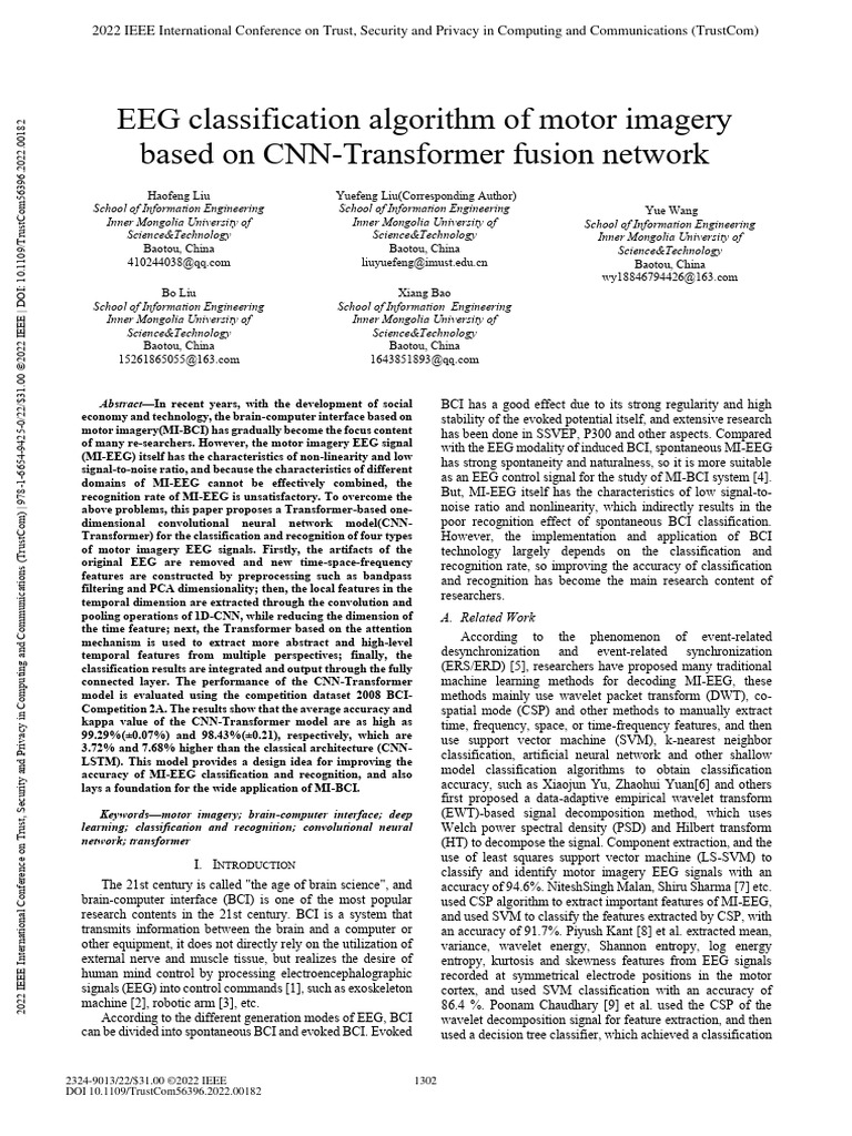 EEG Classification Algorithm of Motor Imagery Based On CNN-Transformer Fusion Network | PDF ...