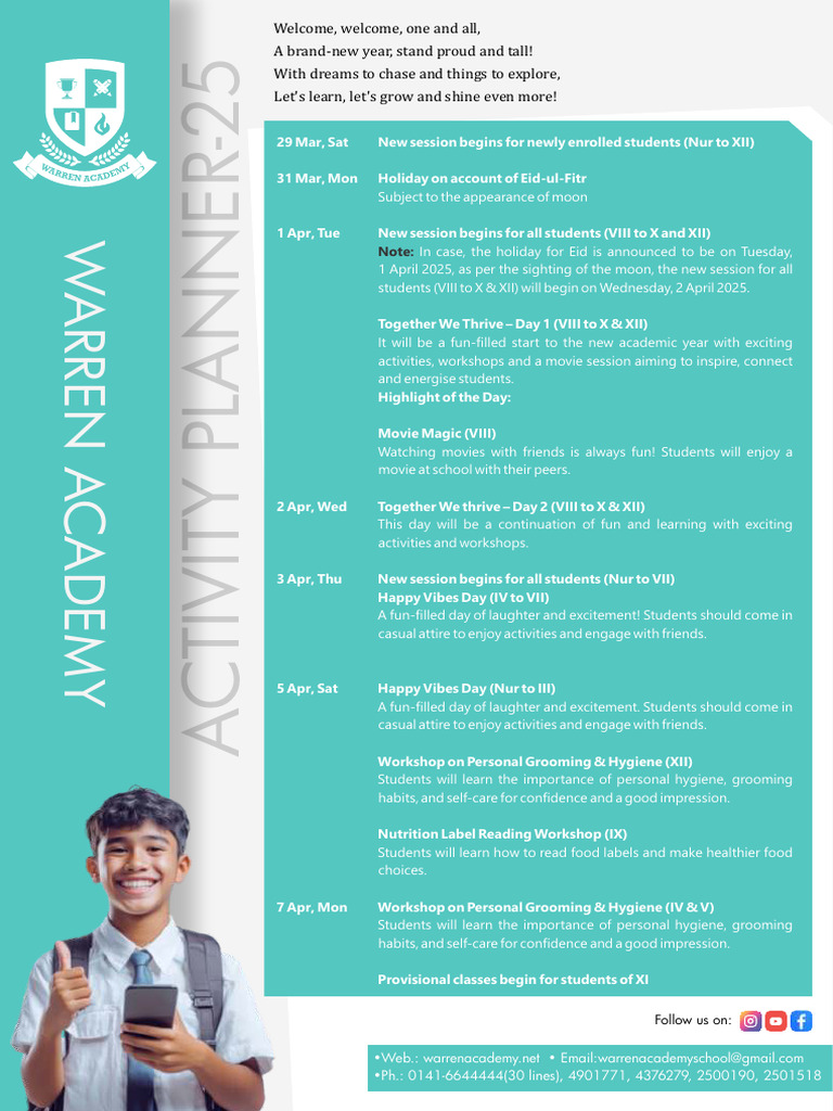 Warren Academy School April Month Planner - 25 | PDF