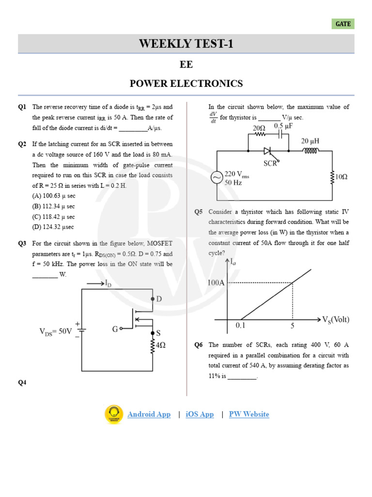 Power Electronics Weekly Test 01 - Question & Answer Key PDF | PDF ...