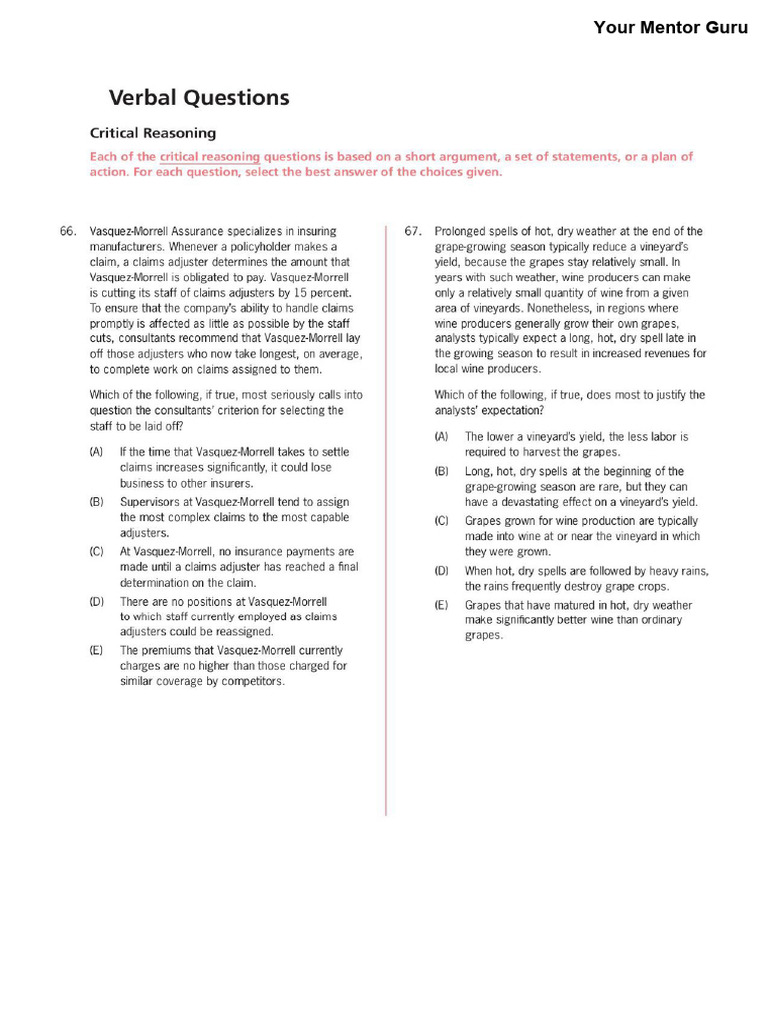 GMAT Verbal Sample Paper 3 With Answers | PDF