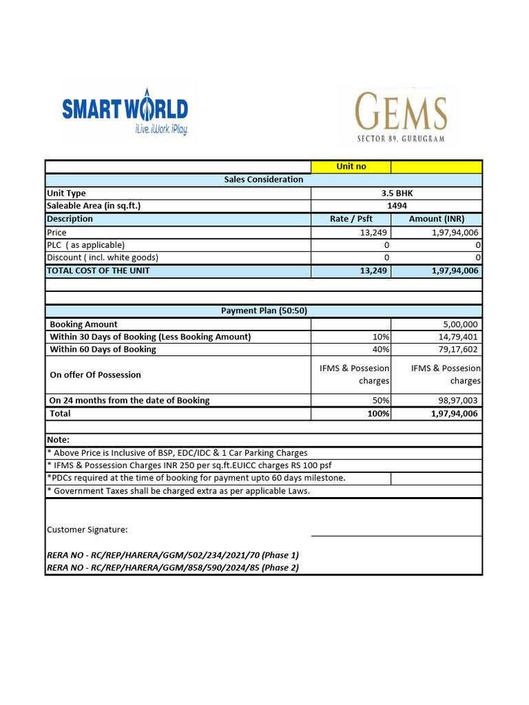 Gems - Sample Costing - 3.5 BHK - 1494 | PDF