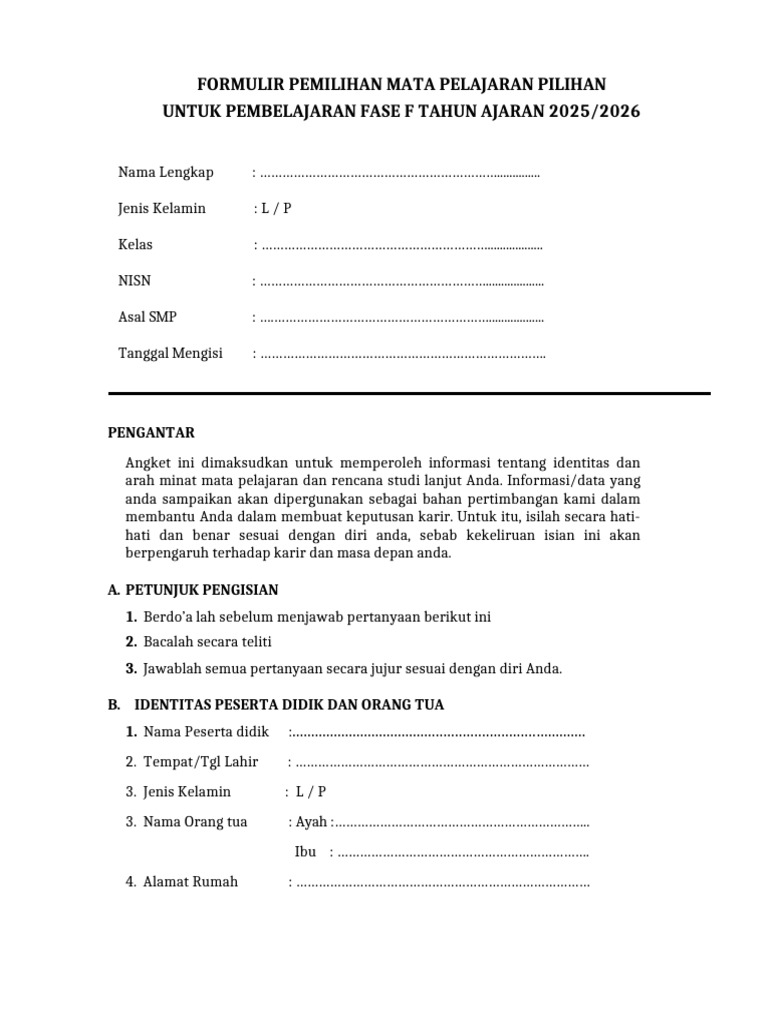 Formulir Pemilihan Mata Pelajaran Pilihan Ok (2) | PDF