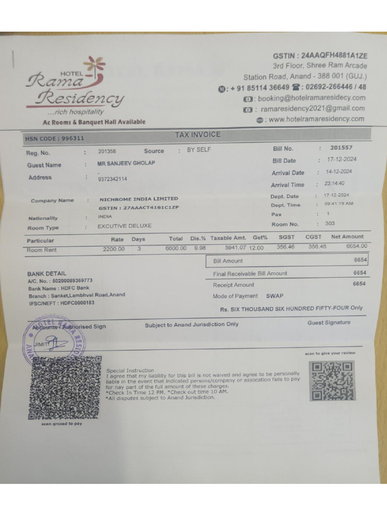 Rama Residency Hotel 17 Dec 24 | PDF