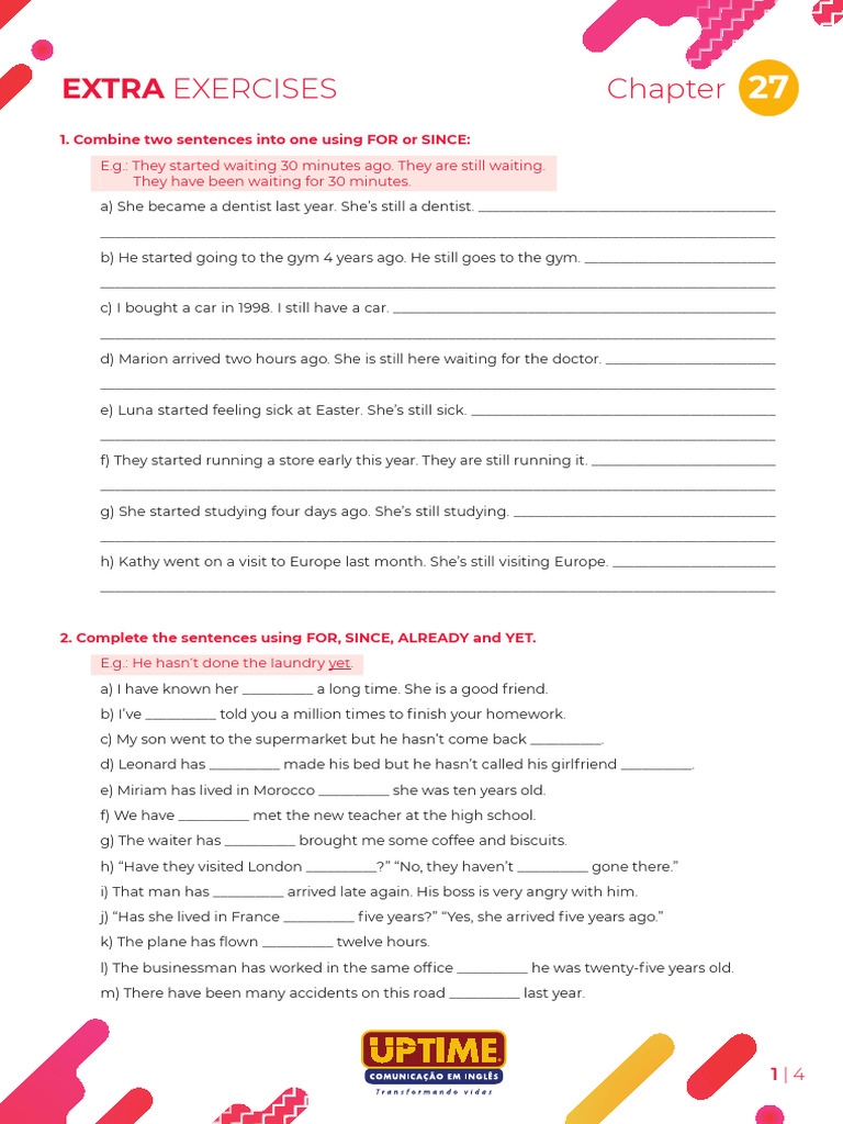 English Grammar Exercises: FOR, SINCE | PDF