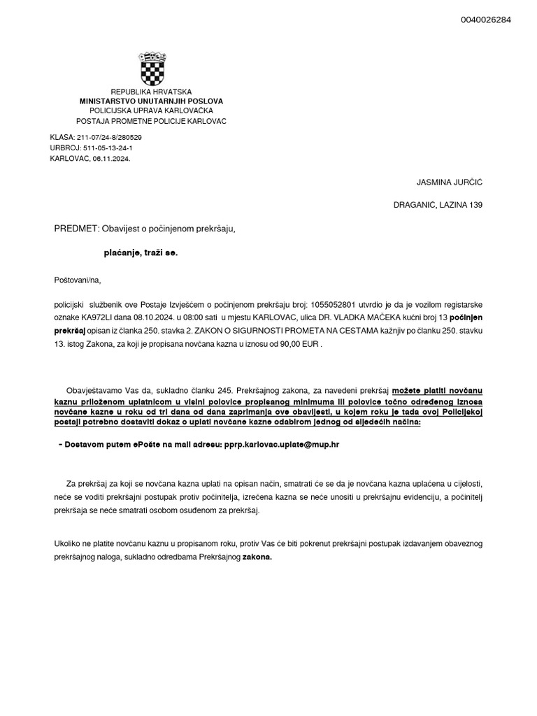 PREDMET: Obavijest o Prekršaju,: Pla Anje, Traži Se | PDF