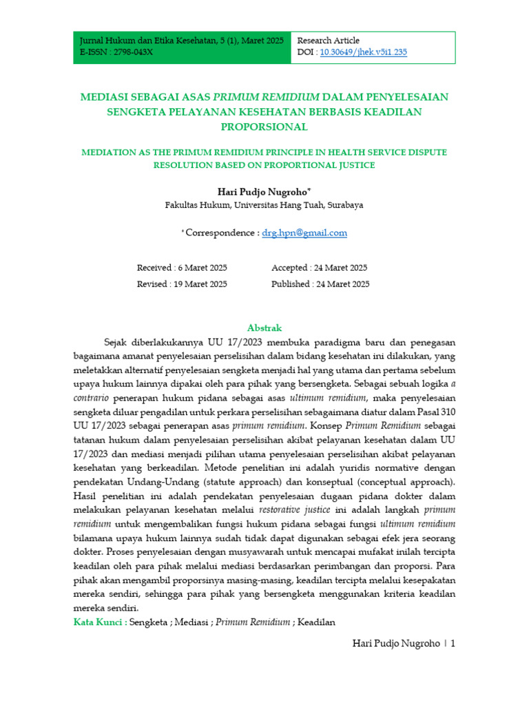 Mediasi Sebagai Asas Primum Remidium Dalam Penyelesaian Sengketa Pelayanan Kesehatan Berbasis ...