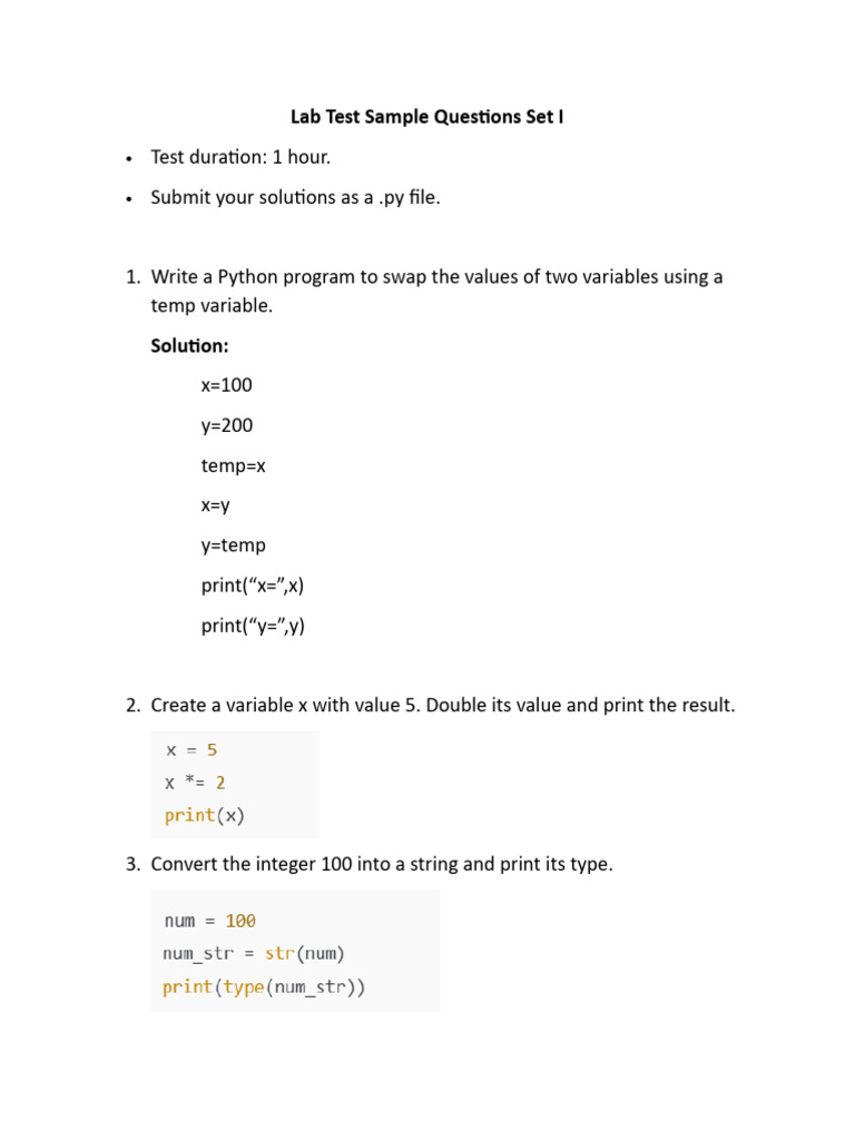 Python Lab Test Questions Set I | PDF