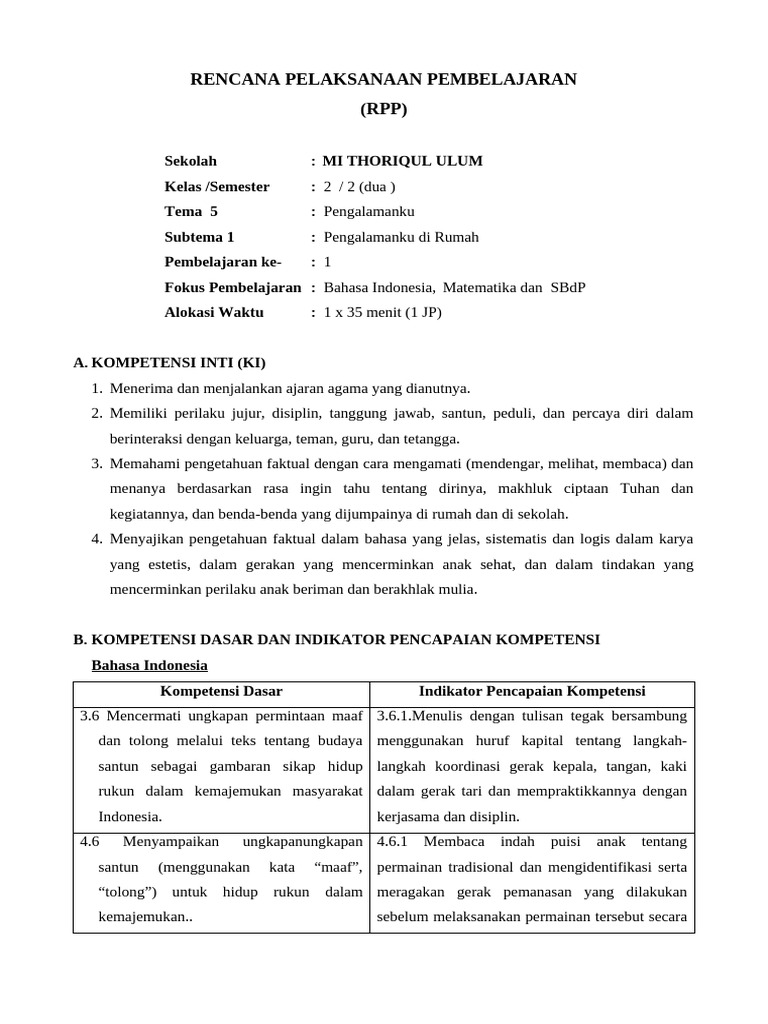 RPP Kelas 2 Tema 5 Sub Tema 1 | PDF